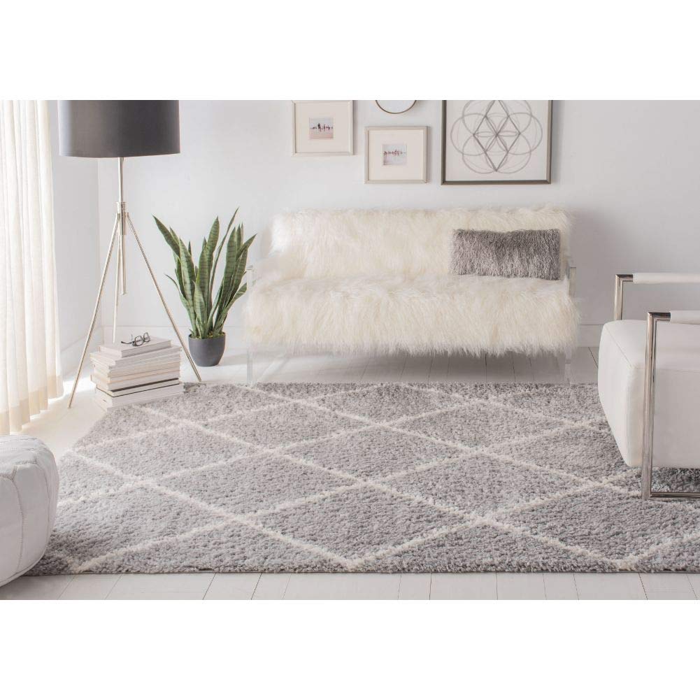 SAFAVIEH Parma Shag Collection 3' Square Grey / Cream PMA515G Moroccan Trellis Non-Shedding Living Room Bedroom Dining Room Entryway Plush 1.2-inch Thick Area Rug