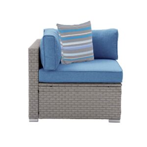 COSIEST Outdoor Furniture Add-on Right Corner Chair for Expanding Wicker Sectional Sofa Set w Denim Blue Thick Cushions, 1 Stripe Woven Pillow for Garden, Pool, Backyard