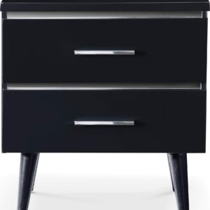 Adore Décor Lennox Mid-Century Side Table 2 Drawers Storage Nightstand, Matte Chrome Handle, Black