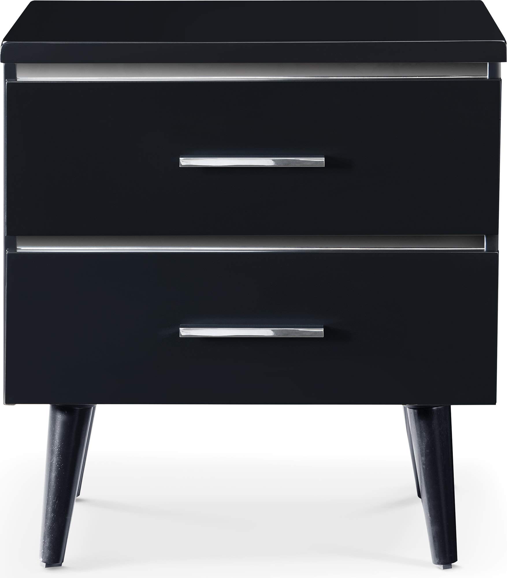 Adore Décor Lennox Mid-Century Side Table 2 Drawers Storage Nightstand, Matte Chrome Handle, Black