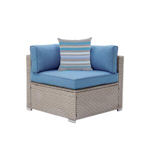 cosiest outdoor furniture add-on right corner chair for expanding wicker sectional sofa set w denim blue thick cushions, 1 stripe woven pillow for garden, pool, backyard