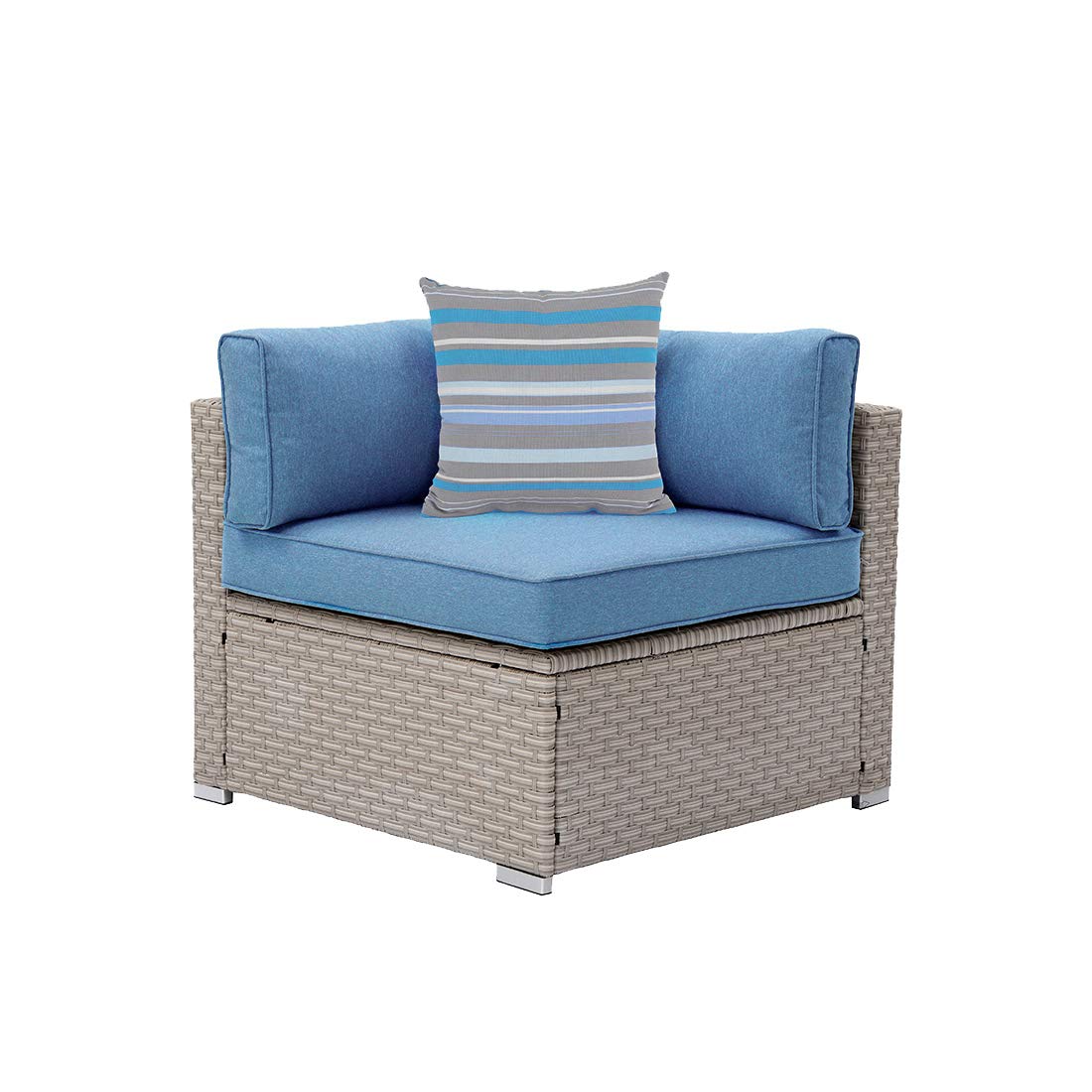 COSIEST Outdoor Furniture Add-on Right Corner Chair for Expanding Wicker Sectional Sofa Set w Denim Blue Thick Cushions, 1 Stripe Woven Pillow for Garden, Pool, Backyard