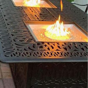 Sunvuepatio 9 Piece Fire Pit Patio Dining Outdoor Bar Set Santa Clara Swivels Barstools Table Cast Aluminum Wicker Furniture.