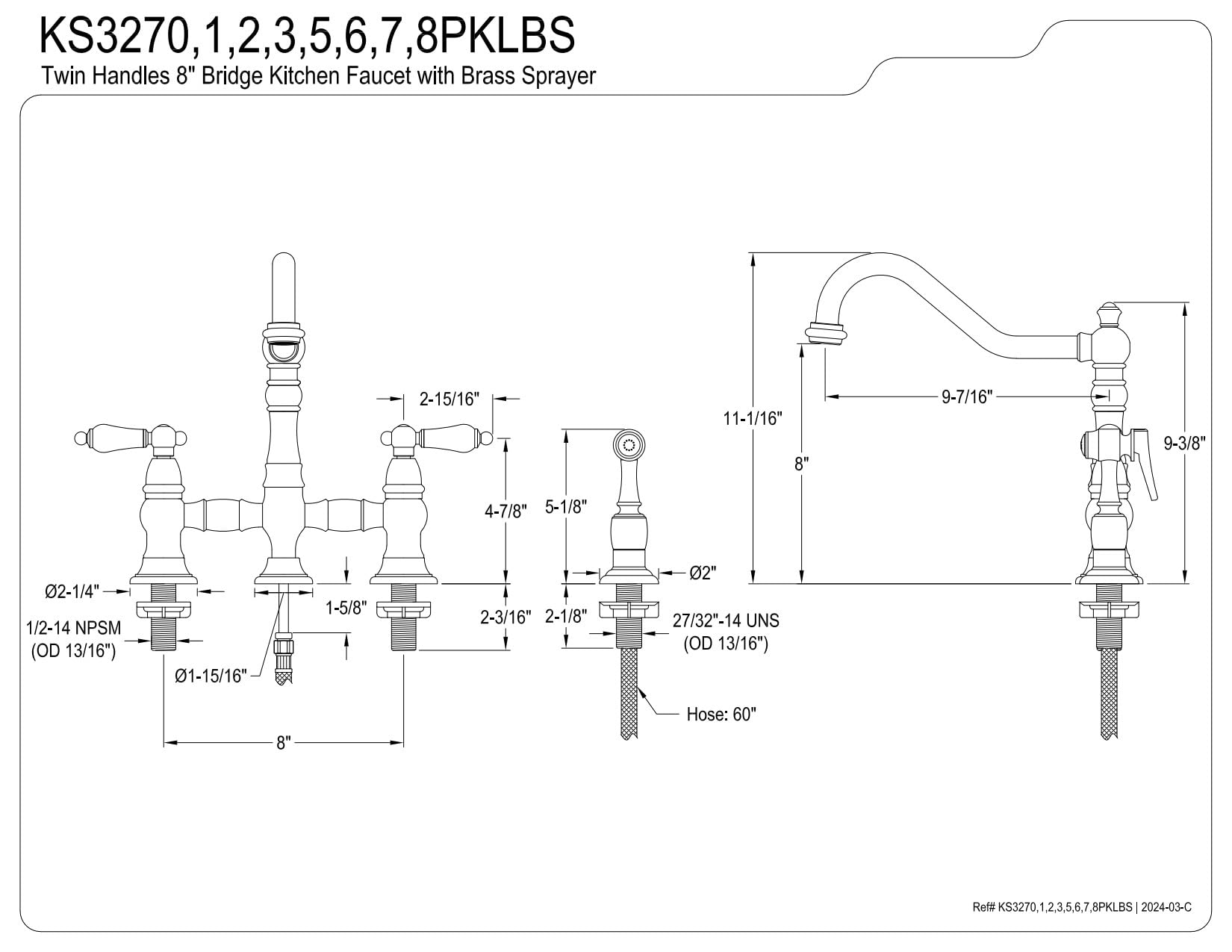 Kingston Brass KS3270PKLBS Duchess Bridge Kitchen Faucet, Matte Black