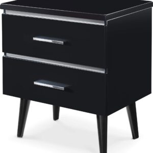 Adore Décor Lennox Mid-Century Side Table 2 Drawers Storage Nightstand, Matte Chrome Handle, Black