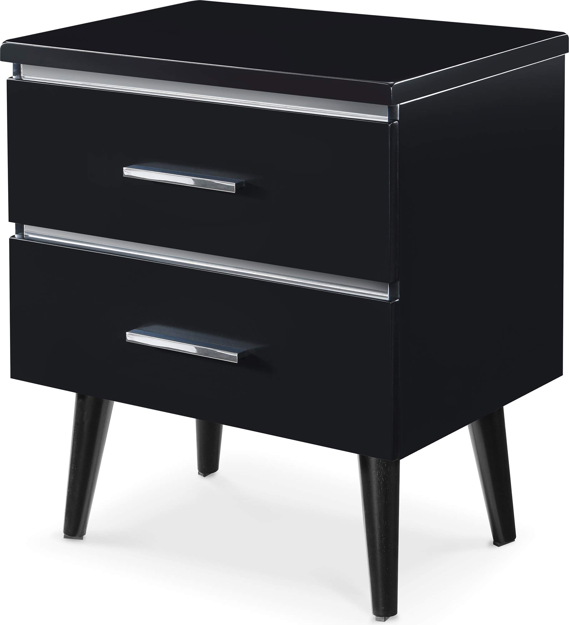 Adore Décor Lennox Mid-Century Side Table 2 Drawers Storage Nightstand, Matte Chrome Handle, Black