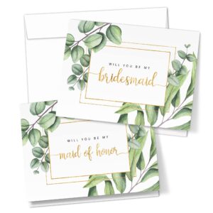 hat acrobat bridesmaid proposal cards 8 will you be my bridesmaid and 2 maid of honor cards with envelopes | set of 10 greenery cards for the bridal party (10)