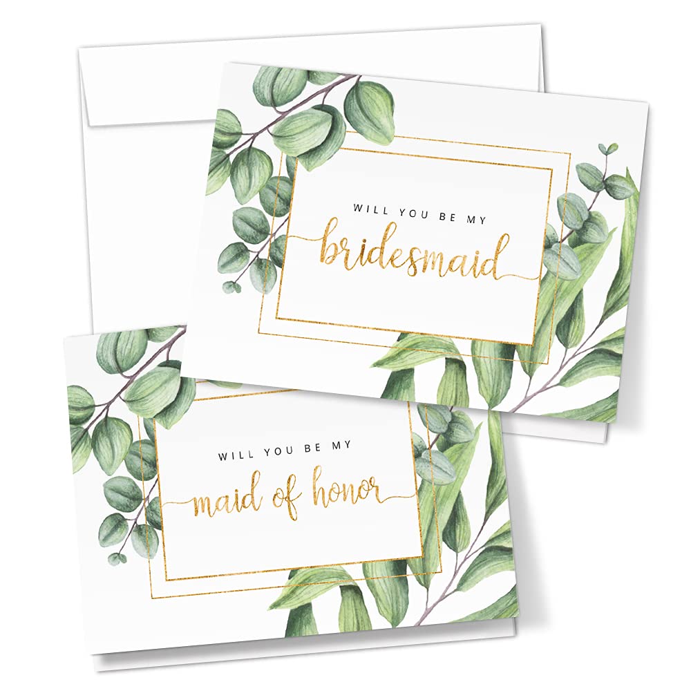 Hat Acrobat Bridesmaid Proposal Cards 8 Will You Be My Bridesmaid and 2 Maid of Honor Cards with Envelopes | Set of 10 Greenery Cards for the Bridal Party (10)