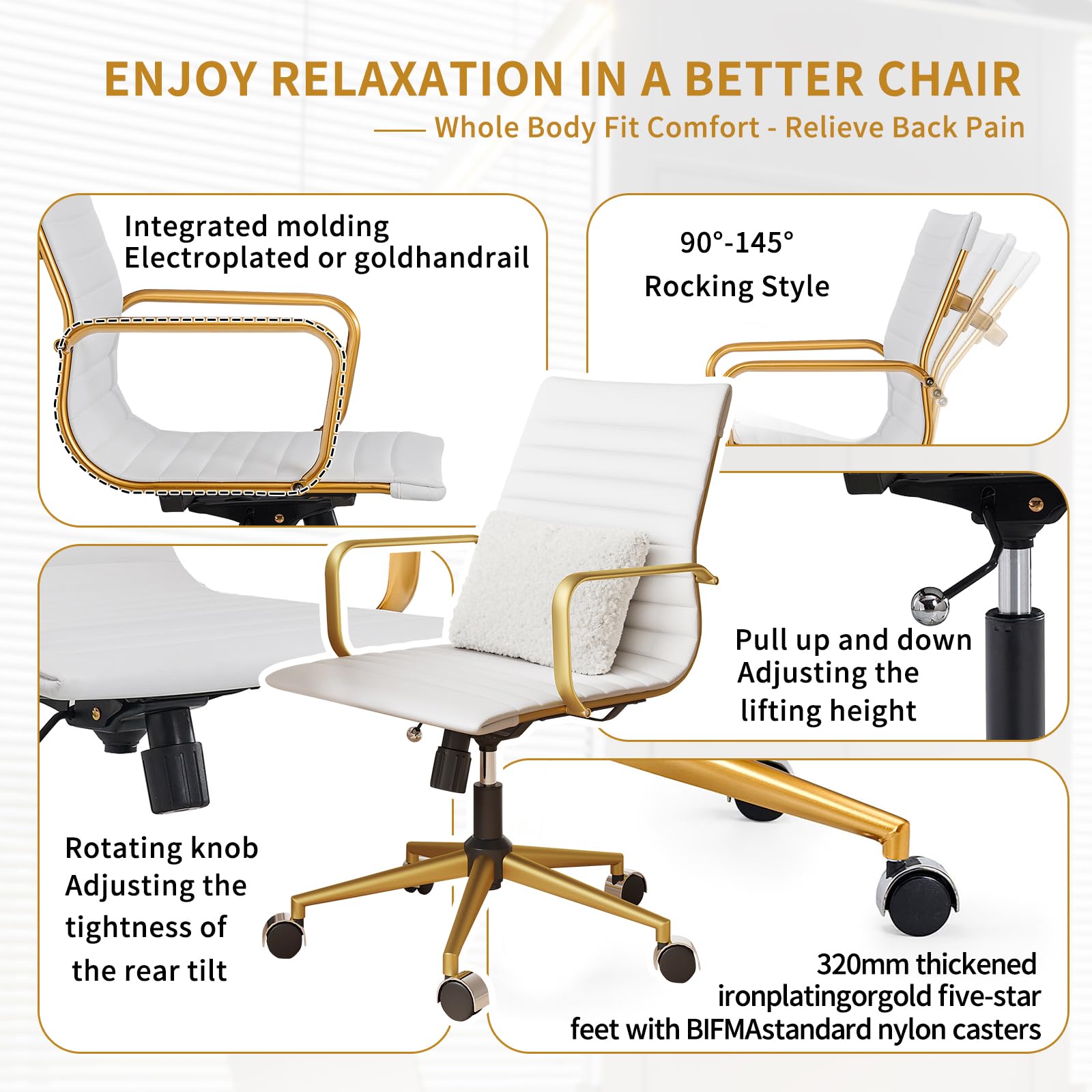 LUXMOD Ergonomic Computer Chair – Ultimate Comfort for Long Hours – Adjustable Swivel White and Gold Desk Chair – Ideal for Home Office – Stylish Gold Office Chair