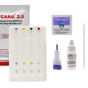 ALDON Innovating Science ABO/RH Blood Type Test Kit - Educational Use, Erycard Blood Grouping Card, Buffer Solution, Alcohol Wipe, Lancet, Collection Sticks, Instructions - Home Blood Type Testing Kit