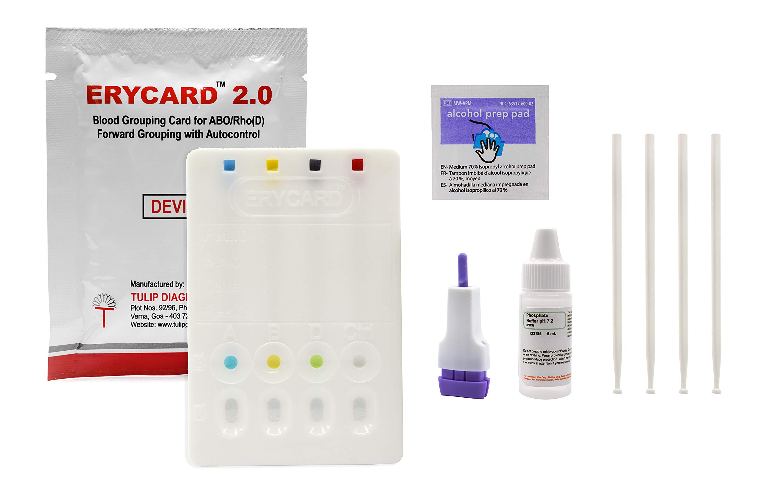 ALDON Innovating Science ABO/RH Blood Type Test Kit - Educational Use, Erycard Blood Grouping Card, Buffer Solution, Alcohol Wipe, Lancet, Collection Sticks, Instructions - Home Blood Type Testing Kit