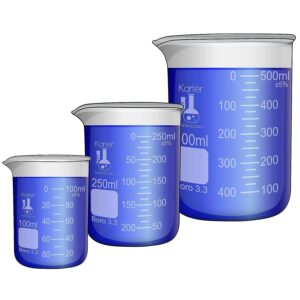 glass low form beaker set, 3.3 boro. glass, double scale, 3 sizes - 100, 250, and 500ml, karter scientific 214t6