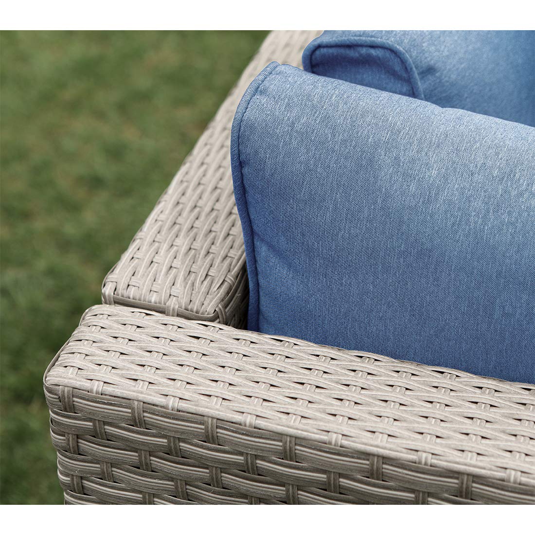 COSIEST Outdoor Furniture Add-on Right Corner Chair for Expanding Wicker Sectional Sofa Set w Denim Blue Thick Cushions, 1 Stripe Woven Pillow for Garden, Pool, Backyard