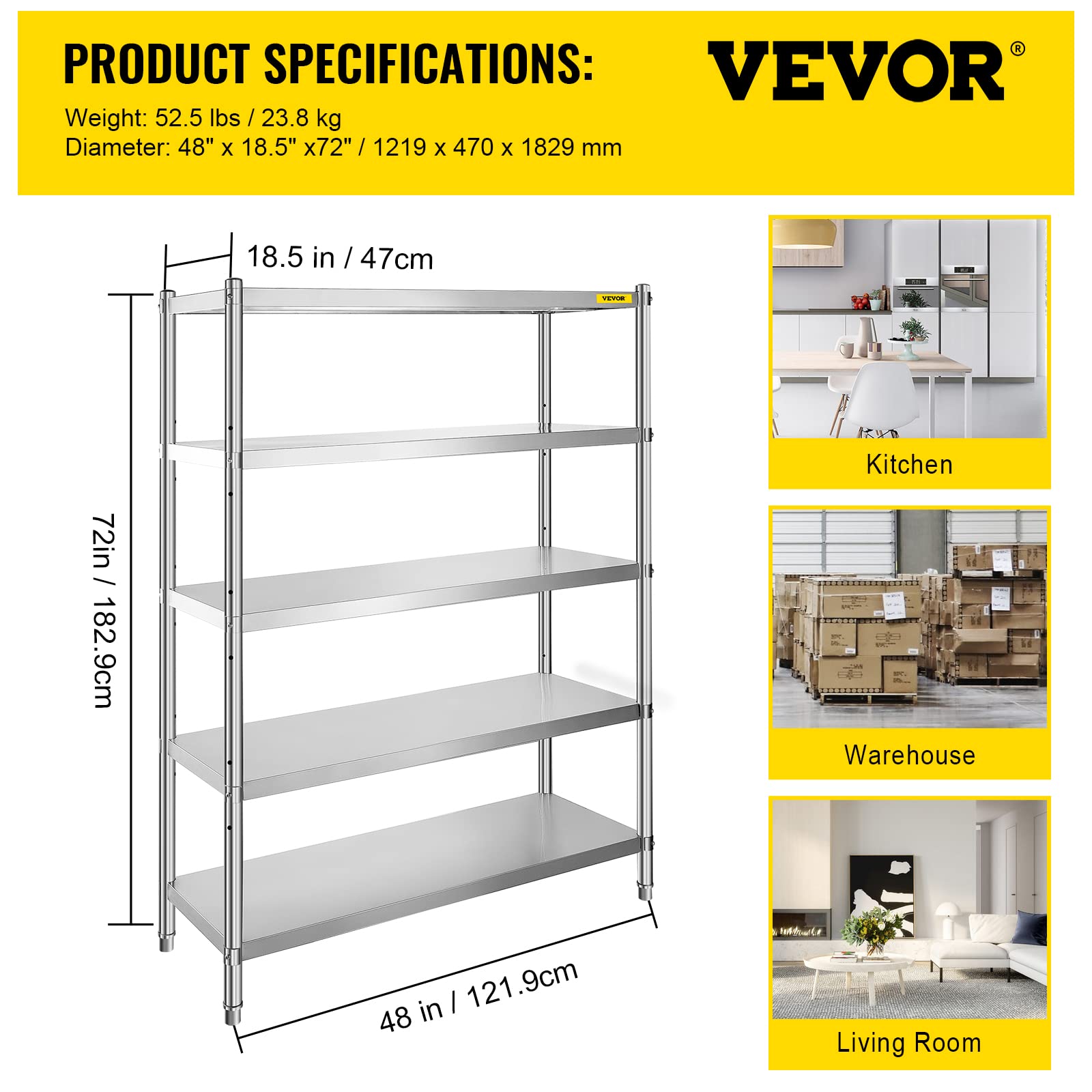 VBENLEM Stainless Steel Shelves 48x18.5 Inch 5 Tier Adjustable Shelf Storage Unit Stainless Steel Rack Shelving Heavy Duty Shelving for Kitchen Commercial Office Garage Storage 330lb Per Shelf