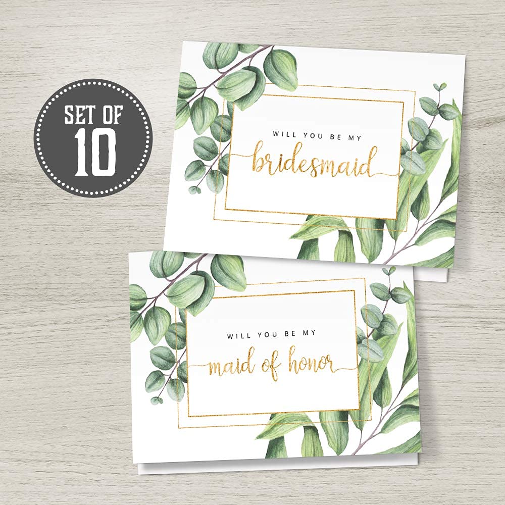 Hat Acrobat Bridesmaid Proposal Cards 8 Will You Be My Bridesmaid and 2 Maid of Honor Cards with Envelopes | Set of 10 Greenery Cards for the Bridal Party (10)