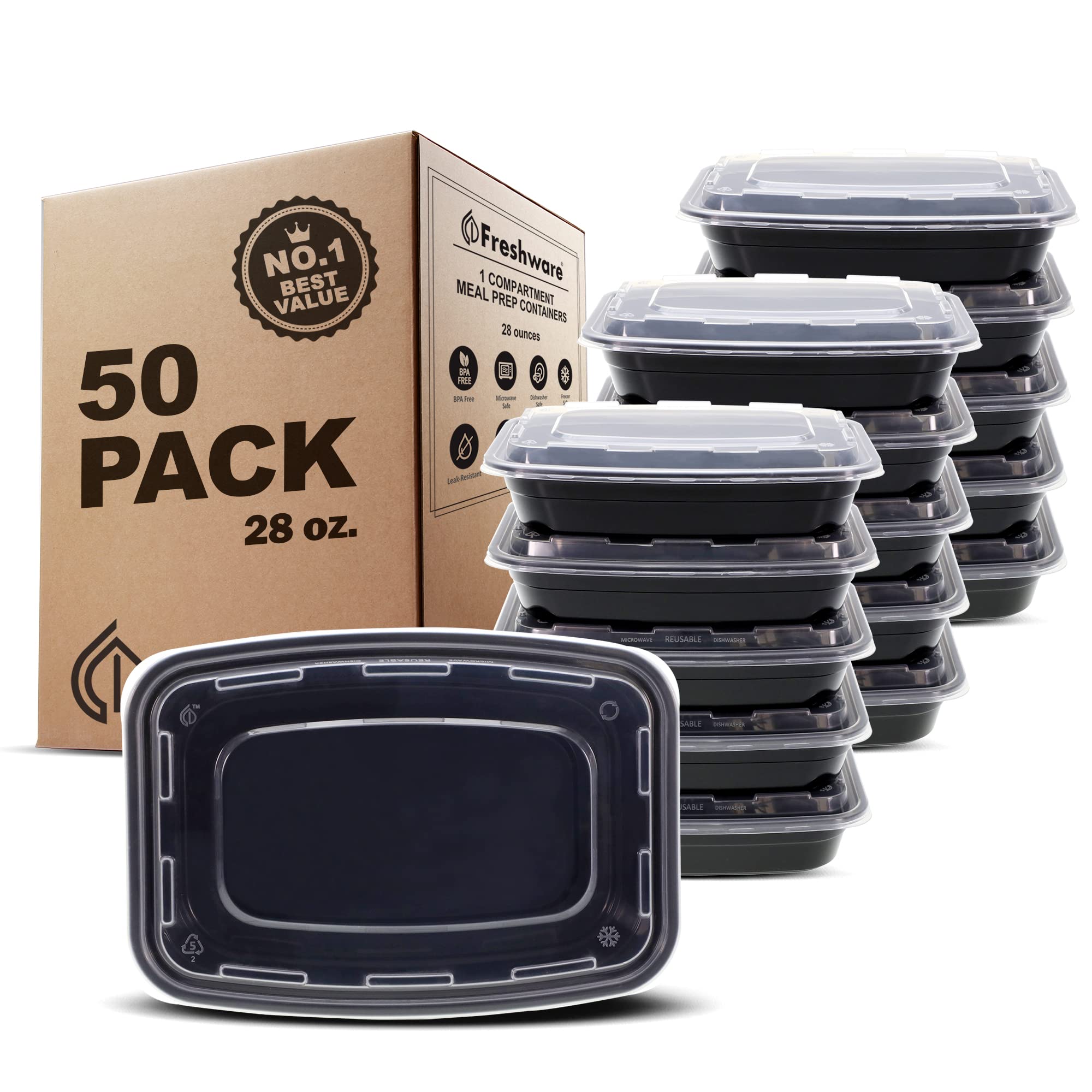 Freshware Meal Prep Containers [50 Pack] 1 Compartment Food Storage Containers with Lids, Bento Box, BPA Free, Stackable, Microwave/Dishwasher/Freezer Safe (28 oz)