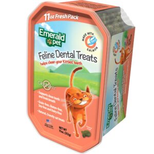 feline dental treats — tasty and crunchy cat dental treats grain free — natural dental treats to clean cat teeth, freshen cat breath, and reduce plaque and tartar buildup — salmon treats, 11 oz