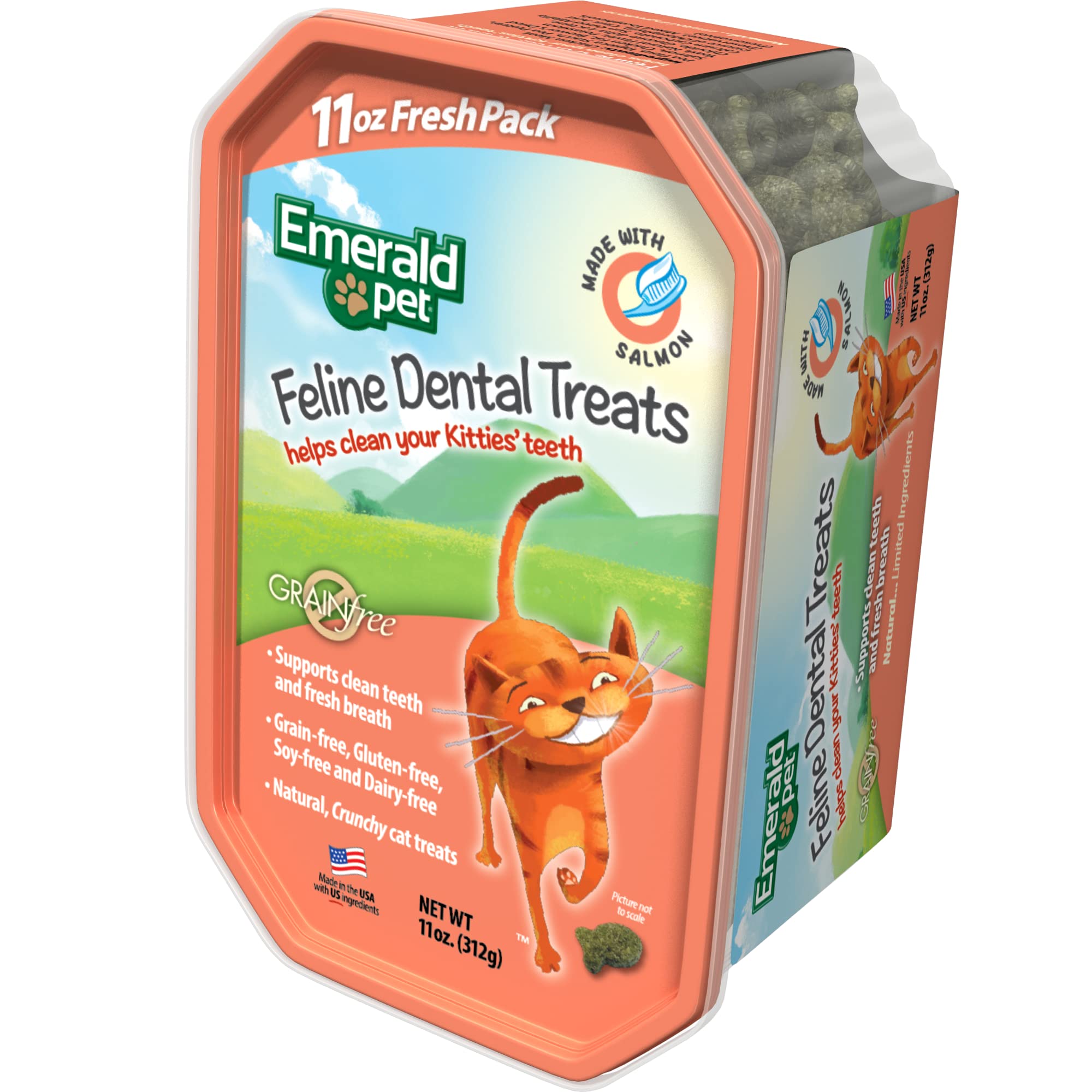 Feline Dental Treats — Tasty and Crunchy Cat Dental Treats Grain Free — Natural Dental Treats to Clean Cat Teeth, Freshen Cat Breath, and Reduce Plaque and Tartar Buildup — Salmon Treats, 11 oz