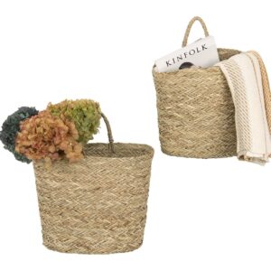 Creative Co-Op Handwoven Seagrass Wall Mount Baskets with Handles, Set of 2 Sizes, Natural