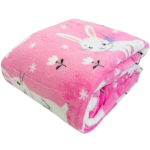 Spring Fleece Throw Blanket: Spring Bunnies and Flowers, Soft Cozy Velvet Fleece, Pink Blue White, 50" x 60" Inch for Girls and Boys (Spring Bunny)