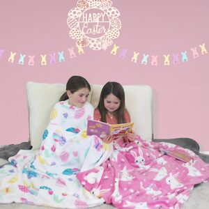 Spring Fleece Throw Blanket: Spring Bunnies and Flowers, Soft Cozy Velvet Fleece, Pink Blue White, 50" x 60" Inch for Girls and Boys (Spring Bunny)