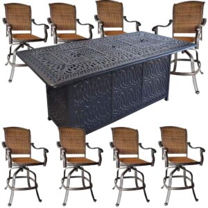 sunvuepatio 9 piece fire pit patio dining outdoor bar set santa clara swivels barstools table cast aluminum wicker furniture.