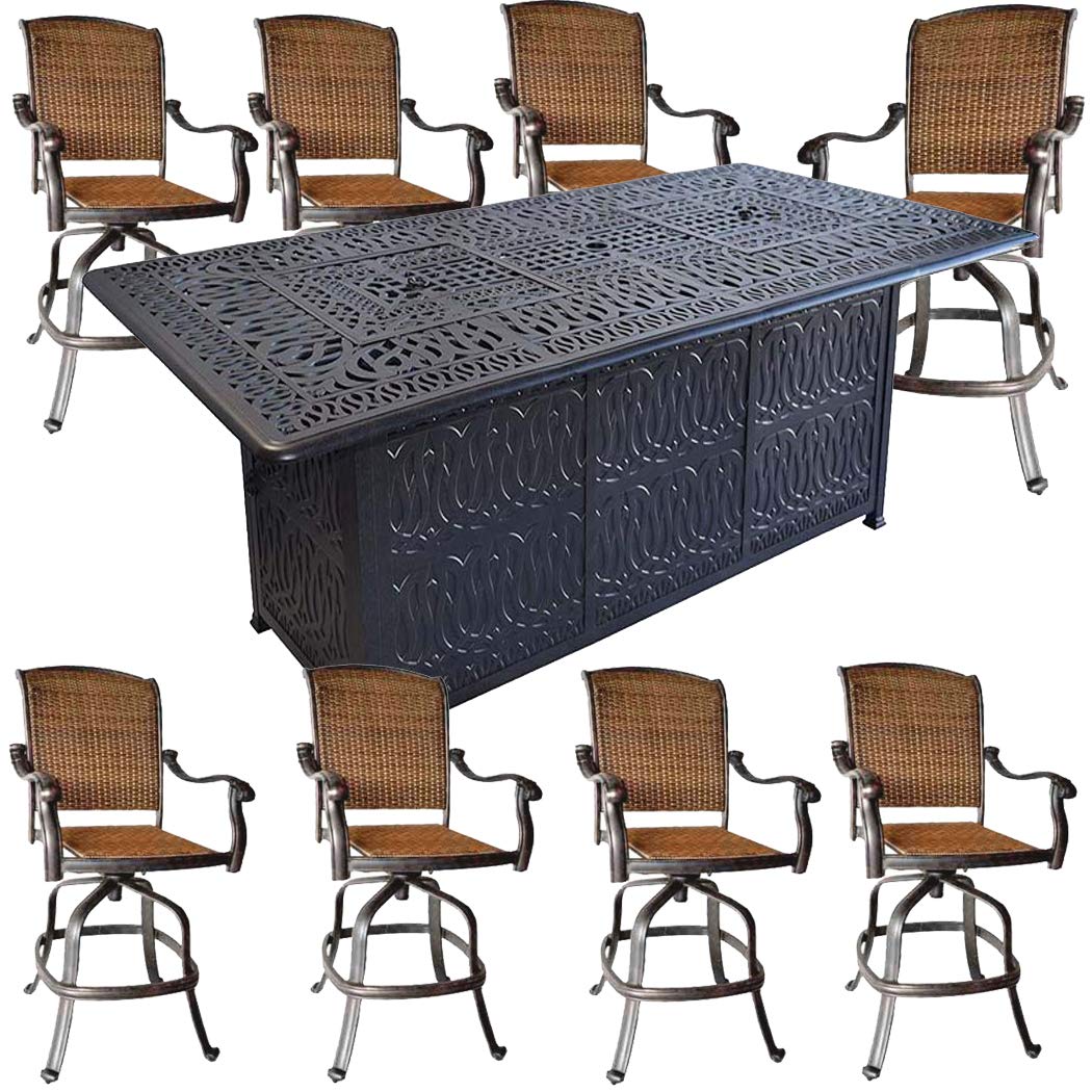 Sunvuepatio 9 Piece Fire Pit Patio Dining Outdoor Bar Set Santa Clara Swivels Barstools Table Cast Aluminum Wicker Furniture.