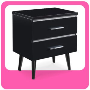 adore décor lennox mid-century side table 2 drawers storage nightstand, matte chrome handle, black