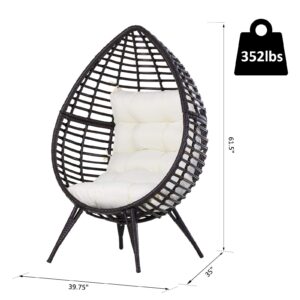 Outsunny Patio Wicker Egg Chair w/Soft Cushion, Teardrop Cuddle Seat, Outdoor/Indoor Patio Chair, PE Plastic Rattan Furniture with Adjustable Height Feet Pads, Beige