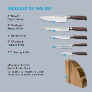 Messermeister Royale Elite 6-Piece Magnet Block Set - Includes 8" Stealth Chef's Knife, 9" Scalloped Bread Knife, 6" Utility Knife, 5” Cheese & Tomato Knife, 3.5" Paring Knife & Knife Block