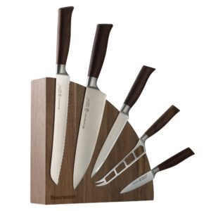 messermeister royale elite 6-piece magnet block set - includes 8" stealth chef's knife, 9" scalloped bread knife, 6" utility knife, 5” cheese & tomato knife, 3.5" paring knife & knife block