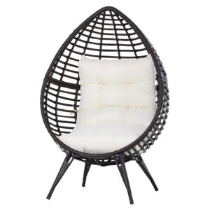 outsunny patio wicker egg chair w/soft cushion, teardrop cuddle seat, outdoor/indoor patio chair, pe plastic rattan furniture with adjustable height feet pads, beige