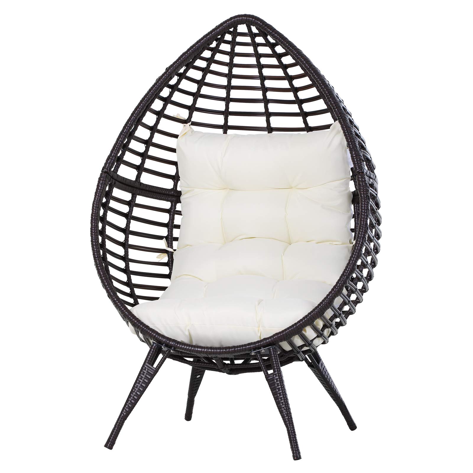 Outsunny Patio Wicker Egg Chair w/Soft Cushion, Teardrop Cuddle Seat, Outdoor/Indoor Patio Chair, PE Plastic Rattan Furniture with Adjustable Height Feet Pads, Beige