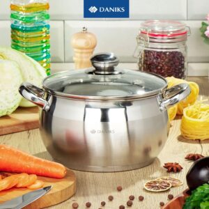 Daniks Classic Stainless Steel Stock Pot with Glass Lid | Induction 6 Quart | Dishwasher Safe Pot | Measuring Scale | Soup Pasta Stew Pot | Silver