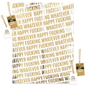 andaz press funny gold foil gift wrapping sheets with tags, 4-pack, 27.5 x 19.5 inch happy fucking whatever, funny wrapping paper adult wrapping paper for birthday funny christmas wrapping paper adult