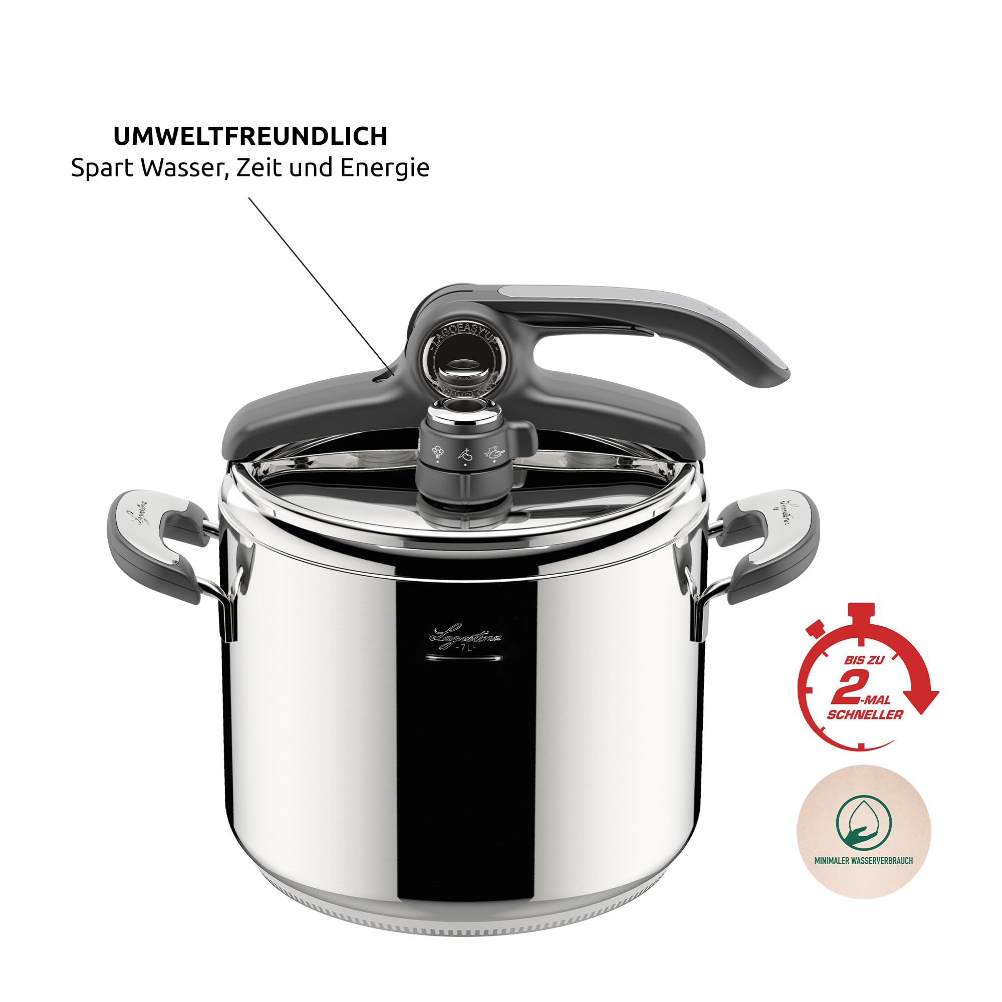 Lagostina Novia Vitamin Lagoeasy'UP Pressure Cooker 9 L Stainless Steel 18/10 Ø 24 cm, Induction and Gas Pot, Lid with Easy Opening, Including Basket, Ecodose and Recipe Book