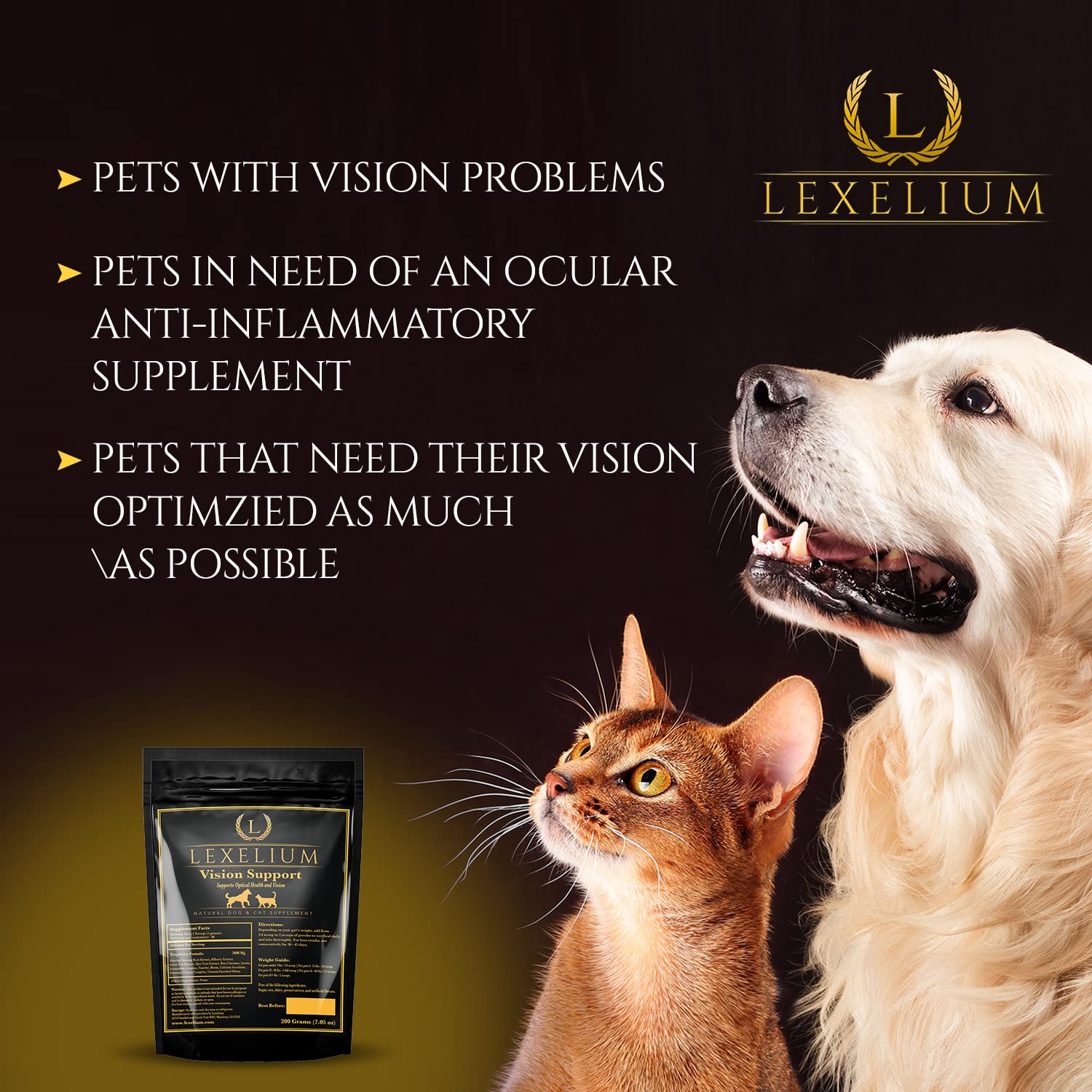 Lexelium Vision Support & Eye Sight Supplement for Dogs and Cats- Fortified with Zeaxanthin, Bilberry, Lutein, and Beta Carotene - 200 Grams