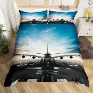 kids boys airplane duvet cover twin blue sky aviation aircraft runway bedding set 3d print luxury microfiber modern airplane pattern comforter cover for men cool bedspread cover with 1 pillow sham