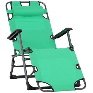 outsunny folding chaise lounge chair for outside, 2-in-1 tanning chair with pillow & pocket, adjustable pool chair for beach, patio, lawn, deck, green