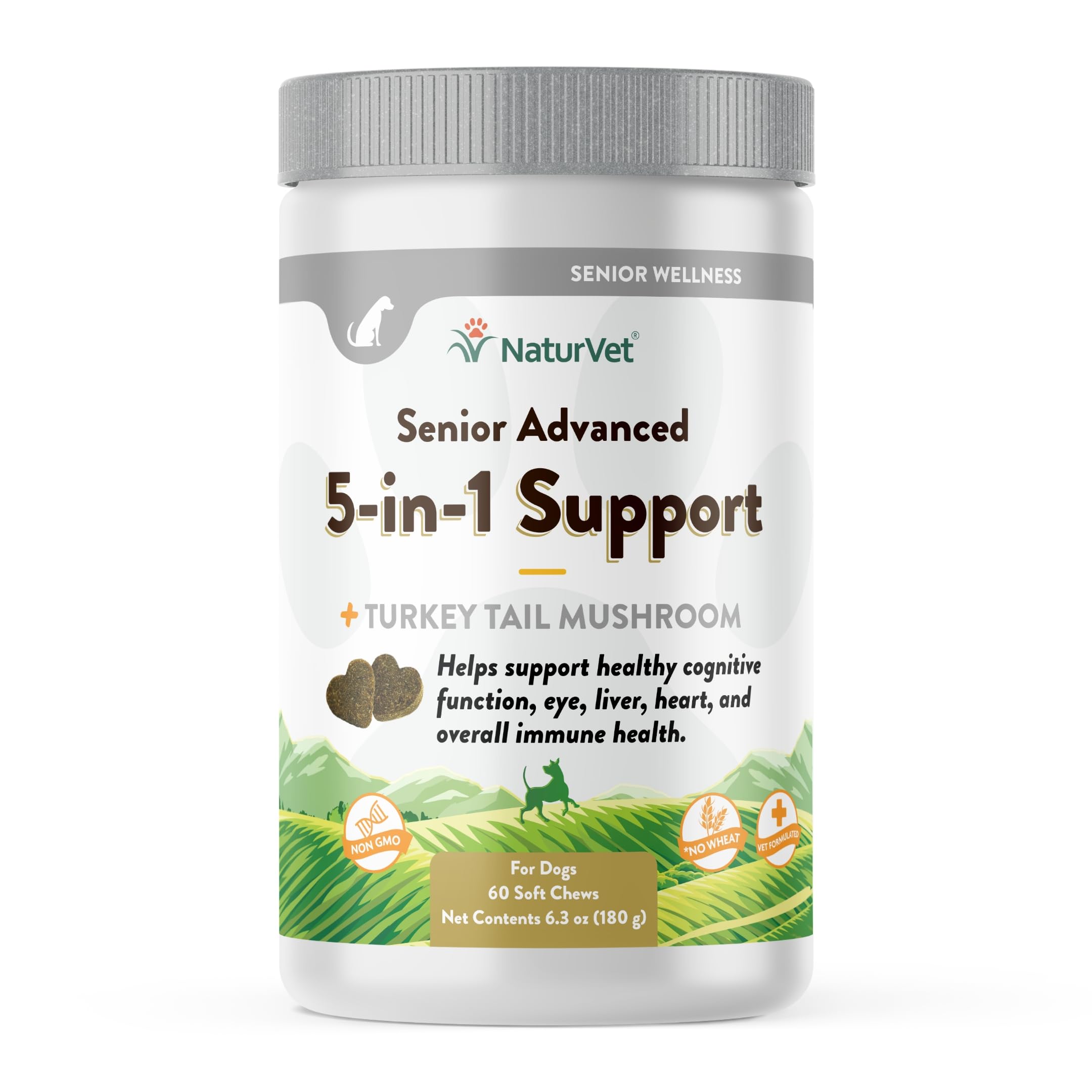 NaturVet Senior Advanced 5-in-1 Support Dog Supplement – Helps Support Immune System, Heart, Liver, Cognitive Function, Eye Health – Includes Ginkgo Biloba, Lutein – 60 Ct.