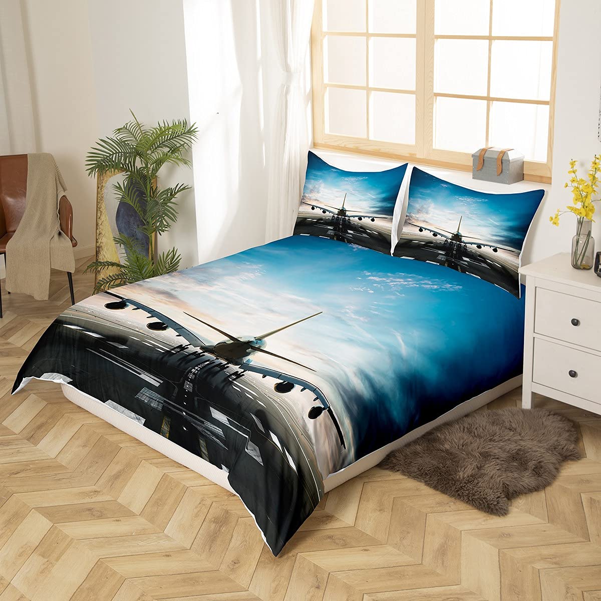 Kids Boys Airplane Duvet Cover Twin Blue Sky Aviation Aircraft Runway Bedding Set 3D Print Luxury Microfiber Modern Airplane Pattern Comforter Cover for Men Cool Bedspread Cover with 1 Pillow Sham