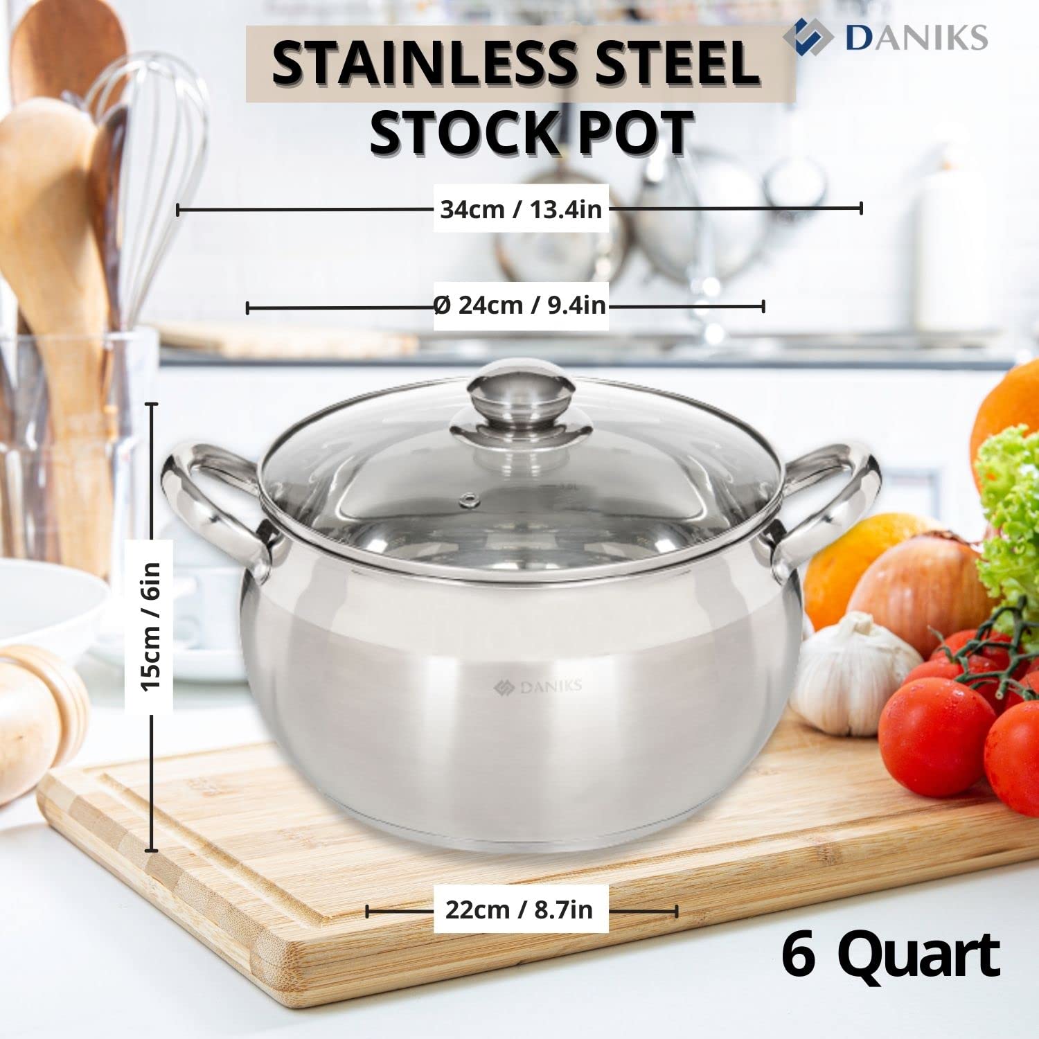 Daniks Classic Stainless Steel Stock Pot with Glass Lid | Induction 6 Quart | Dishwasher Safe Pot | Measuring Scale | Soup Pasta Stew Pot | Silver