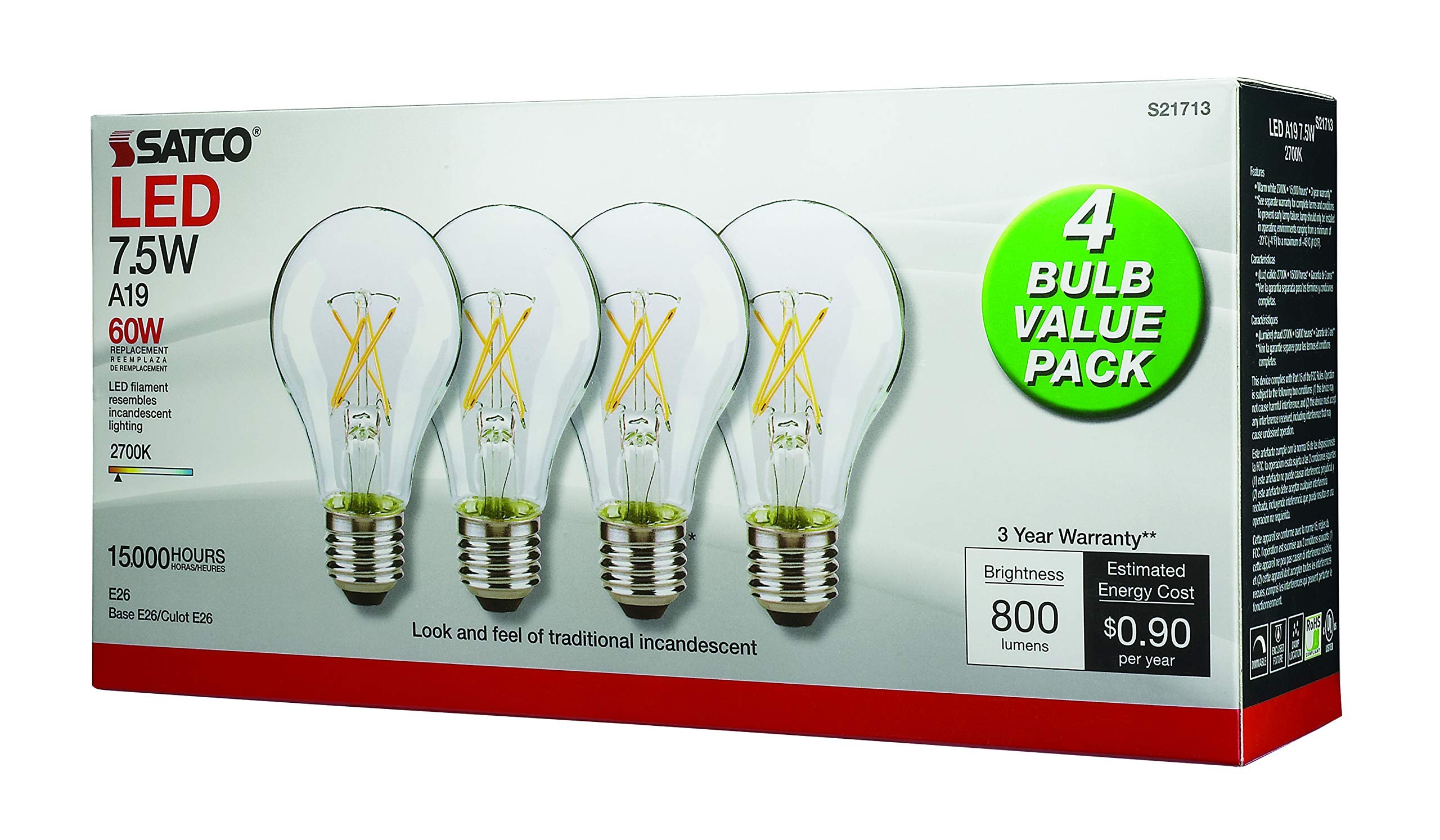 Satco S21713 7.5W; A19 LED; Clear; 2700K; Medium Base; 120V; 16 Bulbs