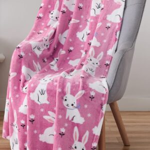 Spring Fleece Throw Blanket: Spring Bunnies and Flowers, Soft Cozy Velvet Fleece, Pink Blue White, 50" x 60" Inch for Girls and Boys (Spring Bunny)