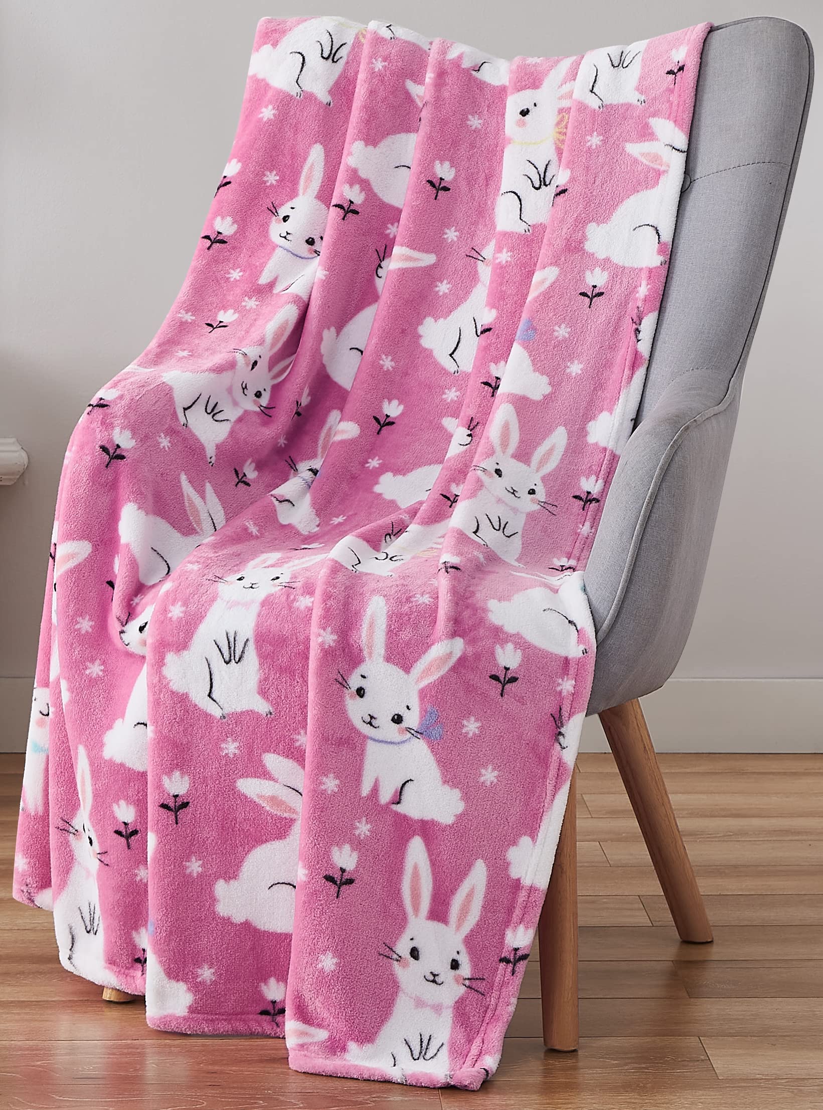 Spring Fleece Throw Blanket: Spring Bunnies and Flowers, Soft Cozy Velvet Fleece, Pink Blue White, 50" x 60" Inch for Girls and Boys (Spring Bunny)