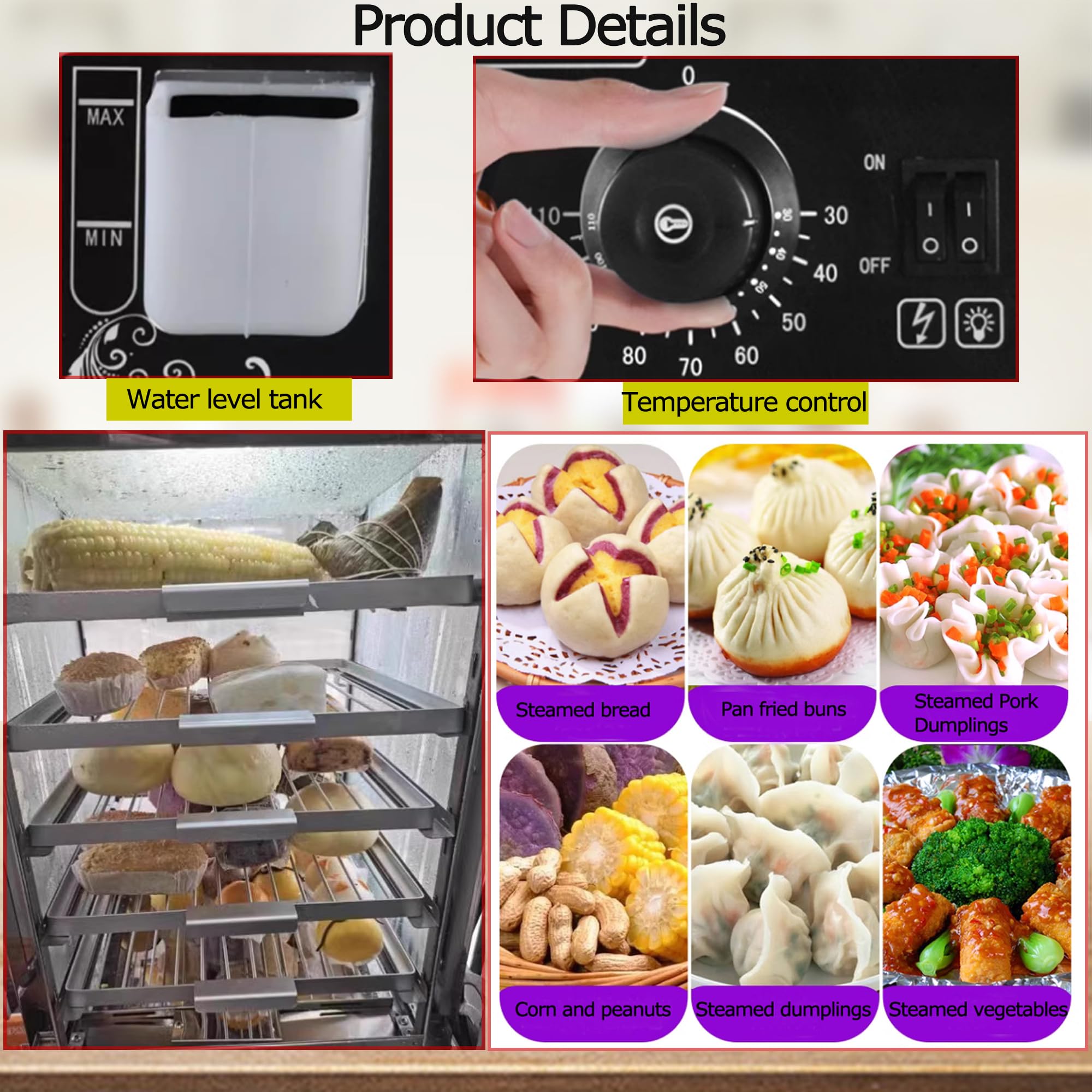 TECHTONGDA 110V Commercial Bun Steamer 5-Layer Food Warmer Display, Food Steamer Bun Warmer Machine, 30-110℃ Temperature Control, Bread Bun Heating Cabinet, Hot Dog Steamer and Bun Warmer