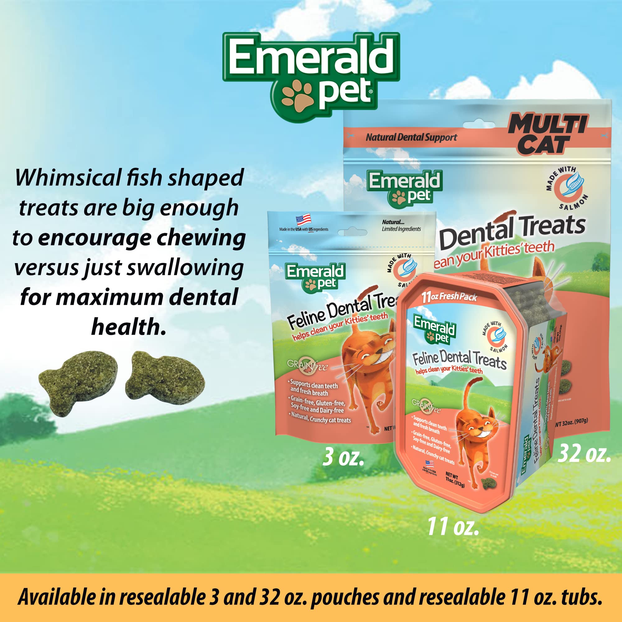 Feline Dental Treats — Tasty and Crunchy Cat Dental Treats Grain Free — Natural Dental Treats to Clean Cat Teeth, Freshen Cat Breath, and Reduce Plaque and Tartar Buildup — Salmon Treats, 11 oz