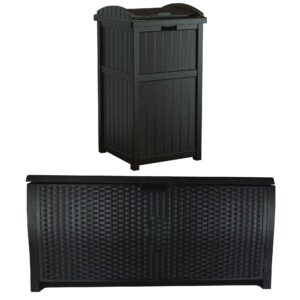 suncast trash hideaway outdoor garbage bin & 99 gallon deck box w/ seat, java