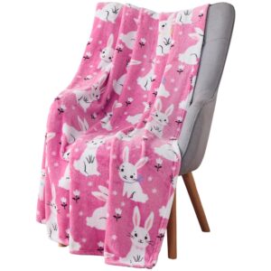 spring fleece throw blanket: spring bunnies and flowers, soft cozy velvet fleece, pink blue white, 50" x 60" inch for girls and boys (spring bunny)