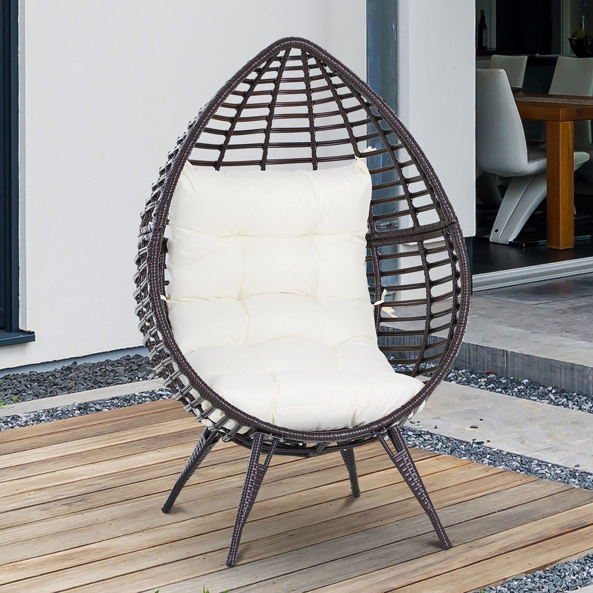 Outsunny Patio Wicker Egg Chair w/Soft Cushion, Teardrop Cuddle Seat, Outdoor/Indoor Patio Chair, PE Plastic Rattan Furniture with Adjustable Height Feet Pads, Beige